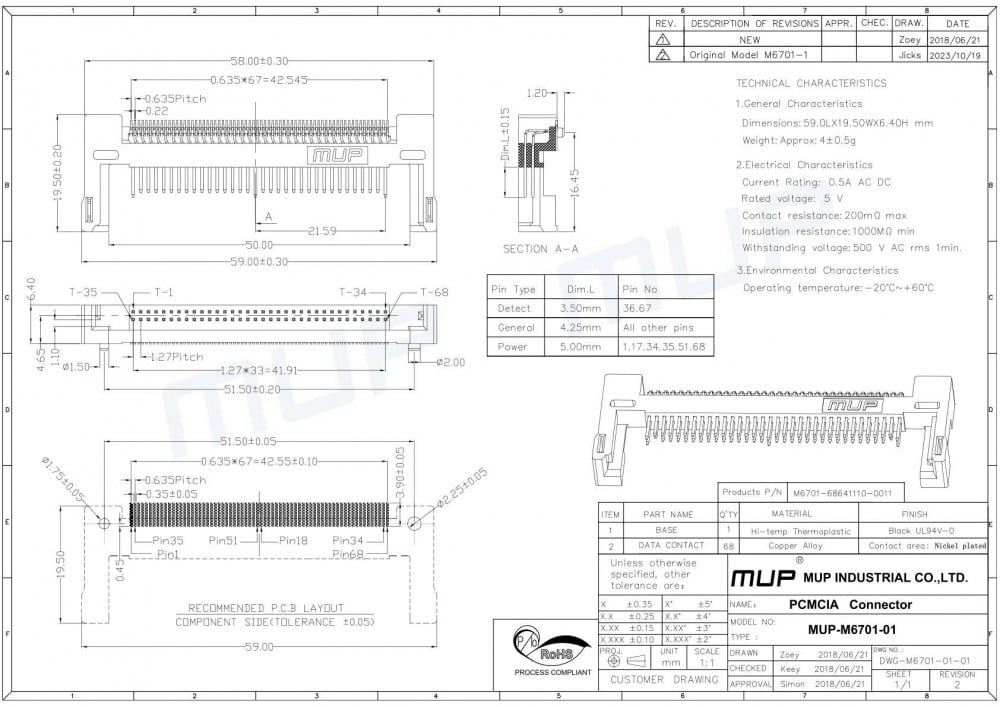 MUP M6701-01 PCMCIA connector technical drawing