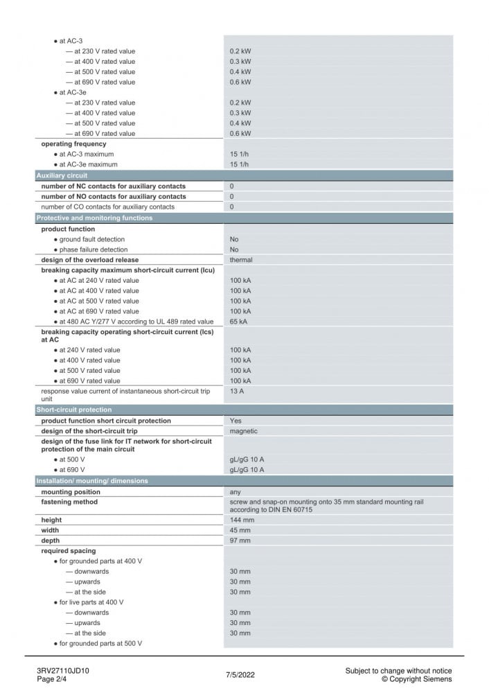 3RV27110JD10 datasheet page 2