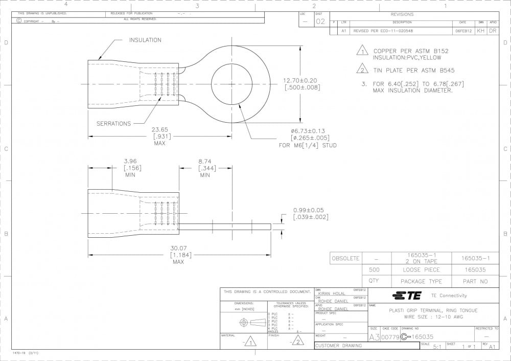 TE Connectivity 165035 technical drawing page