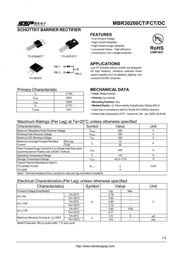 MBR30200FCT datasheet page 1