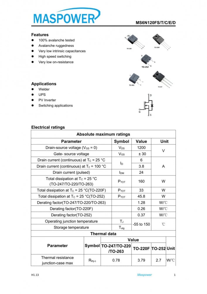 MS6N120FC datasheet page 1