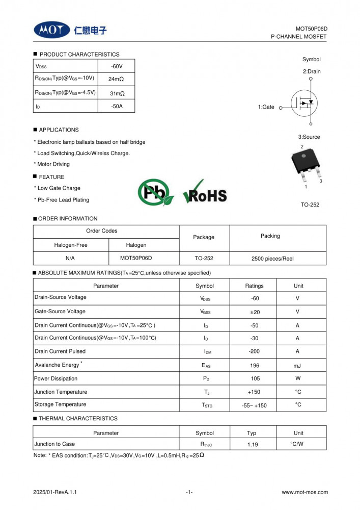 MOT50P06D datasheet page 1