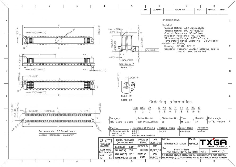 TXGA FBB08005 connector technical drawing page 1
