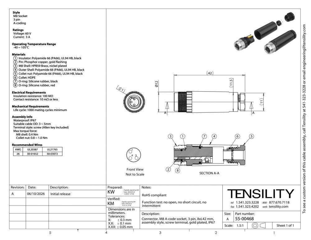 Tensility International 55-00468 M8 A-coded 3-pin socket connector drawing