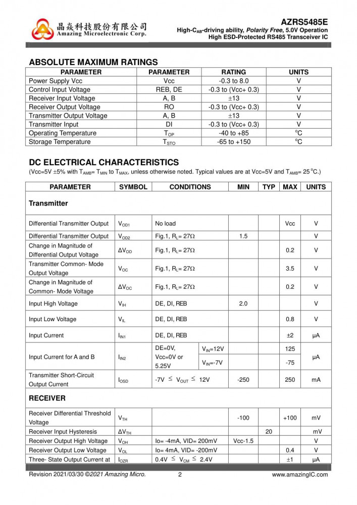 AZRS5485E technical document page 2