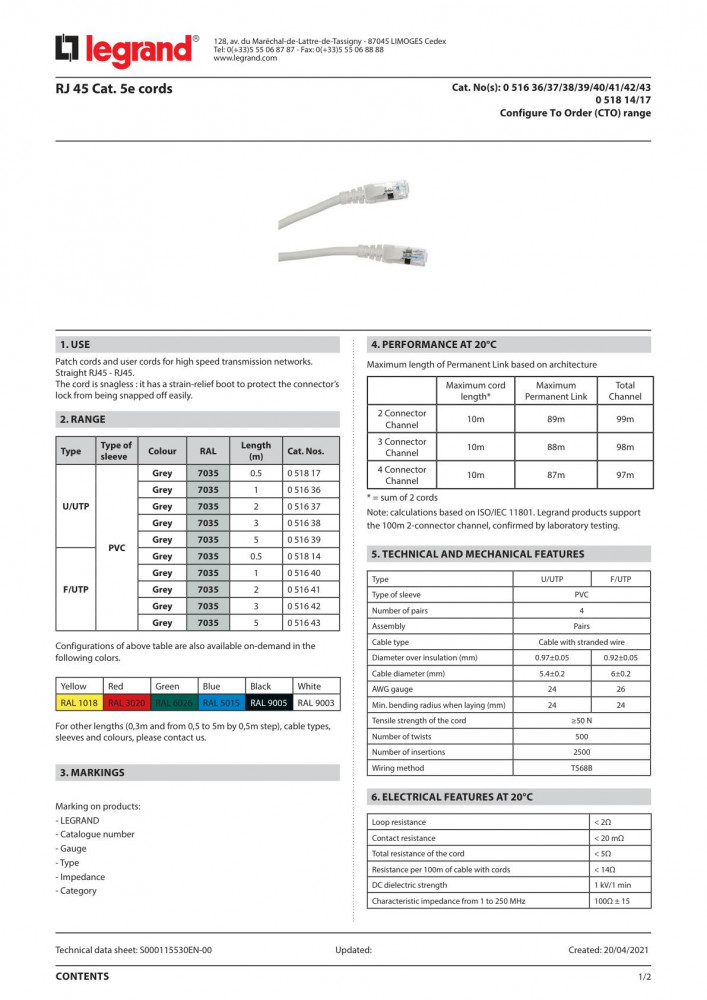Legrand patch cord technical documentation page 1