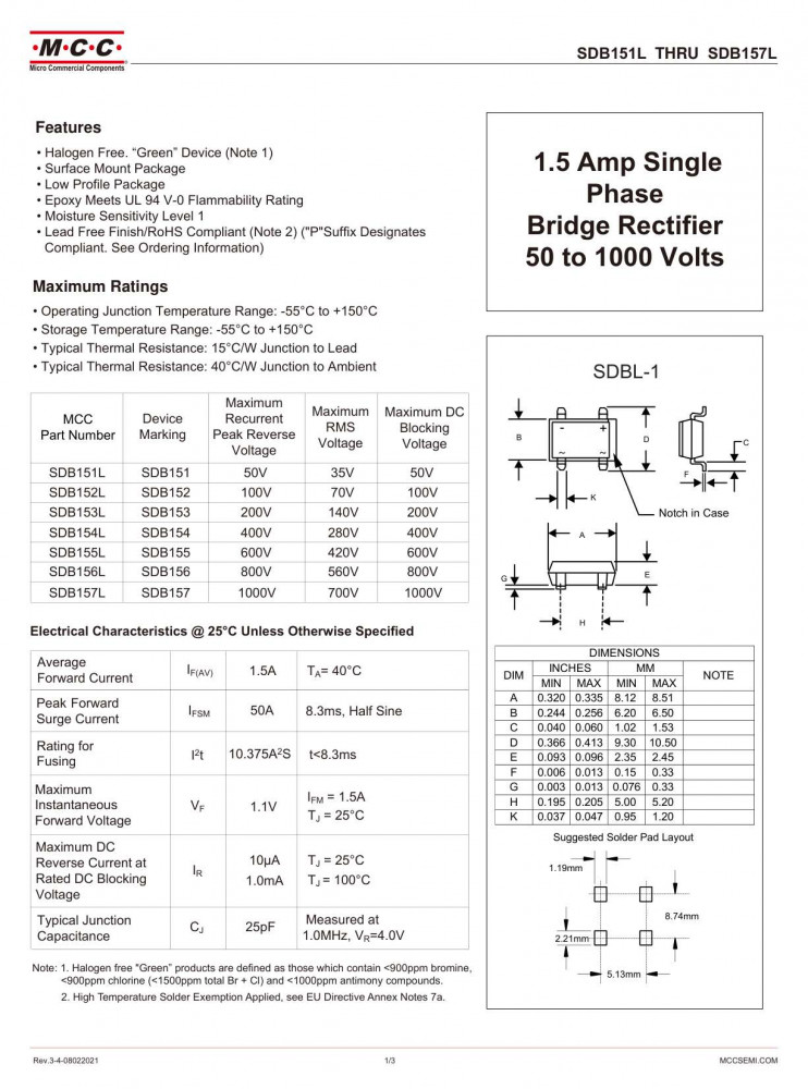 MCC SDBL-1 bridge rectifier datasheet page 1