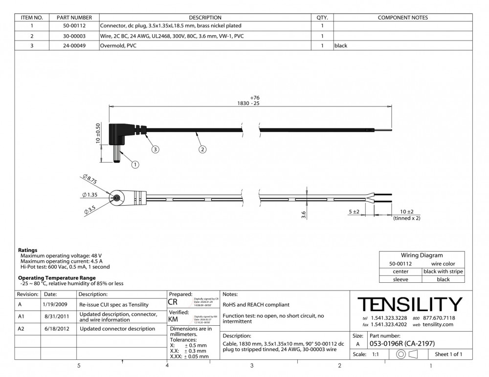 Tensility 053-0196R product drawing and specification sheet