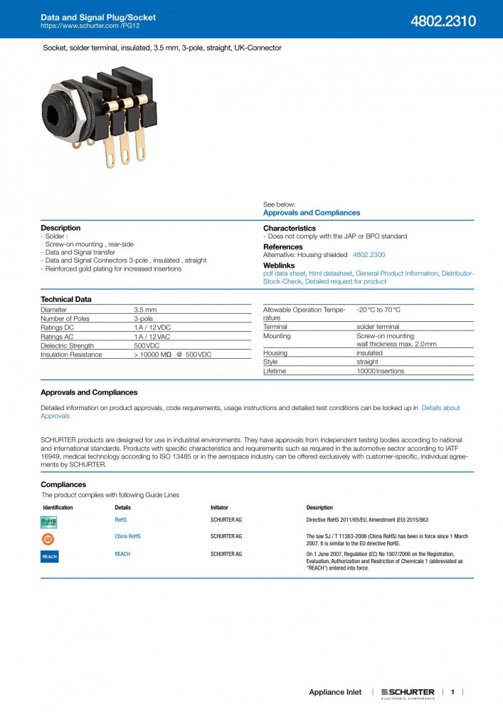 SCHURTER 4802.2310 technical document page 1