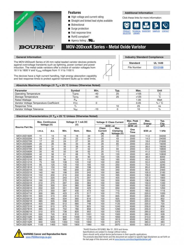 BOURNS MOV-20D681KTR datasheet page 1