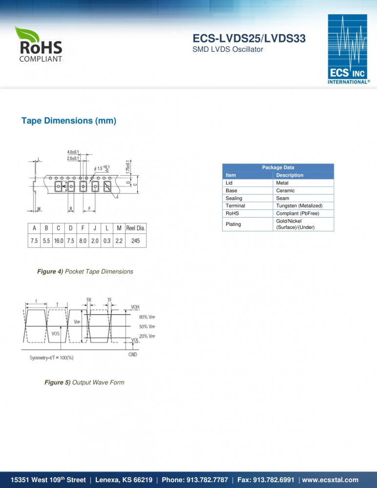 ECS LVDS oscillator tape dimensions and waveform
