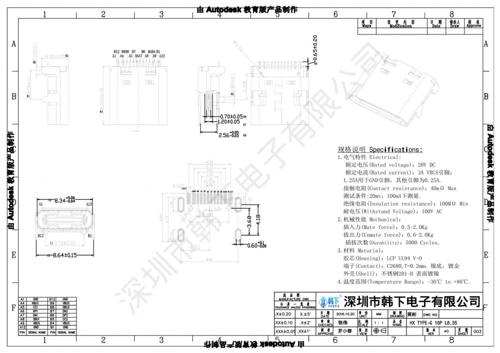HX TYPE-C 16P L8.35 approval specification page 1