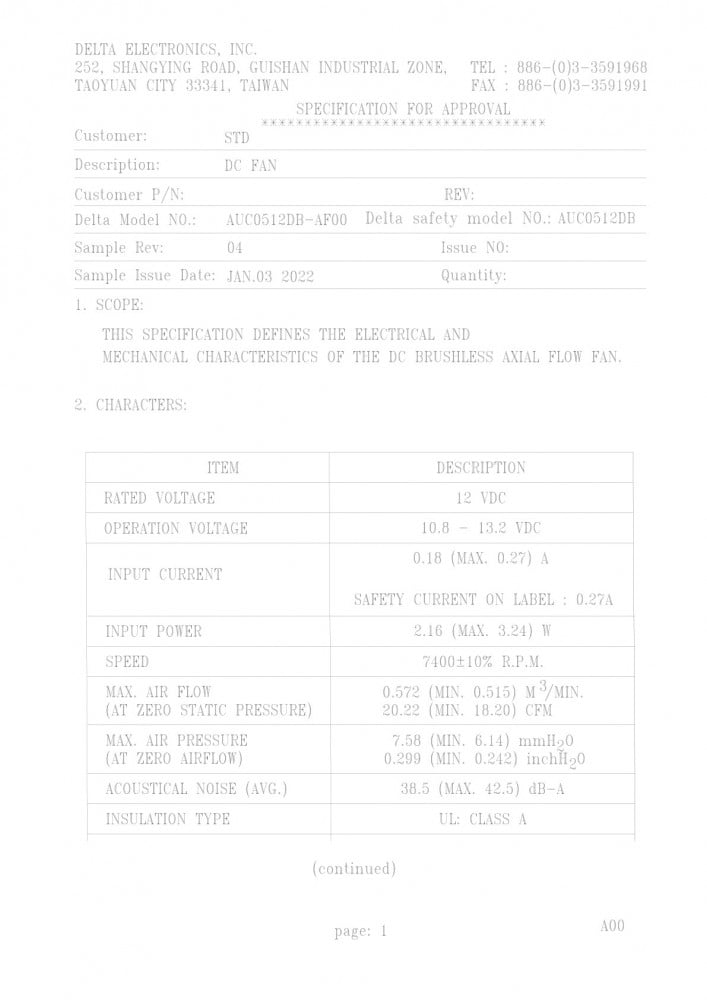 AUC0512DB-AF00 specification page 1