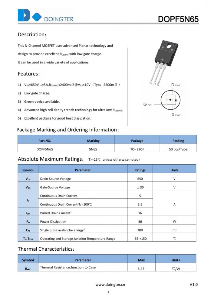 DOPF5N65 datasheet page 1