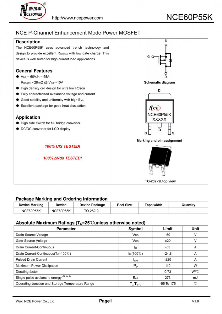 NCE60P55K datasheet page 1