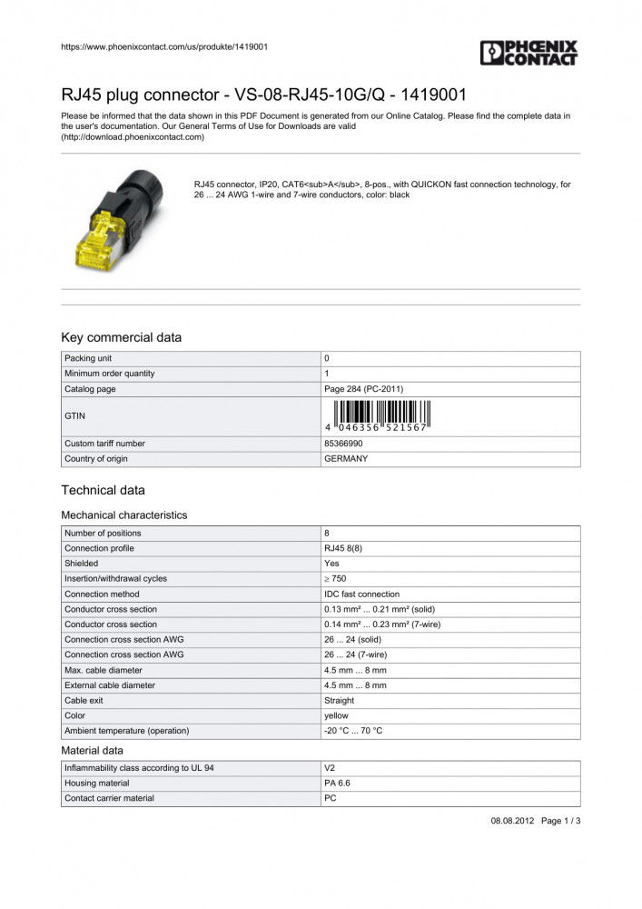Phoenix Contact 1419001 product documentation page 1