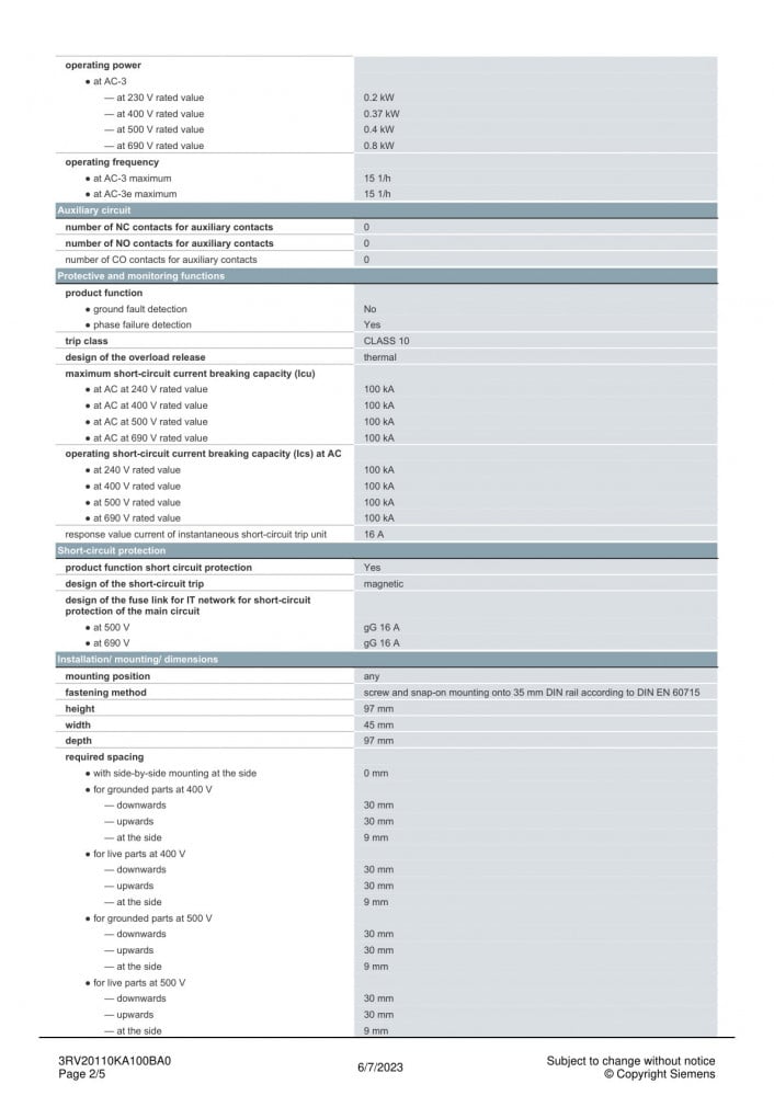 3RV20110KA100BA0 datasheet page 2