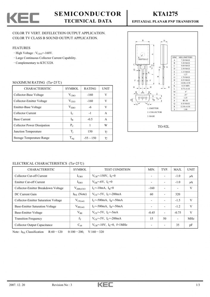 KTA1275-Y-AT/P datasheet page 1