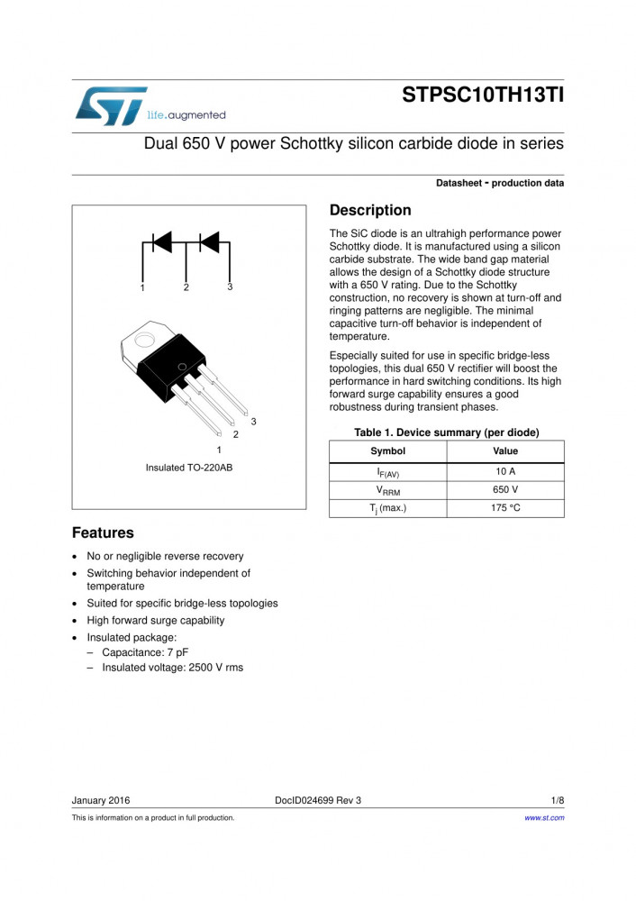 STPSC10TH13TI datasheet page 1
