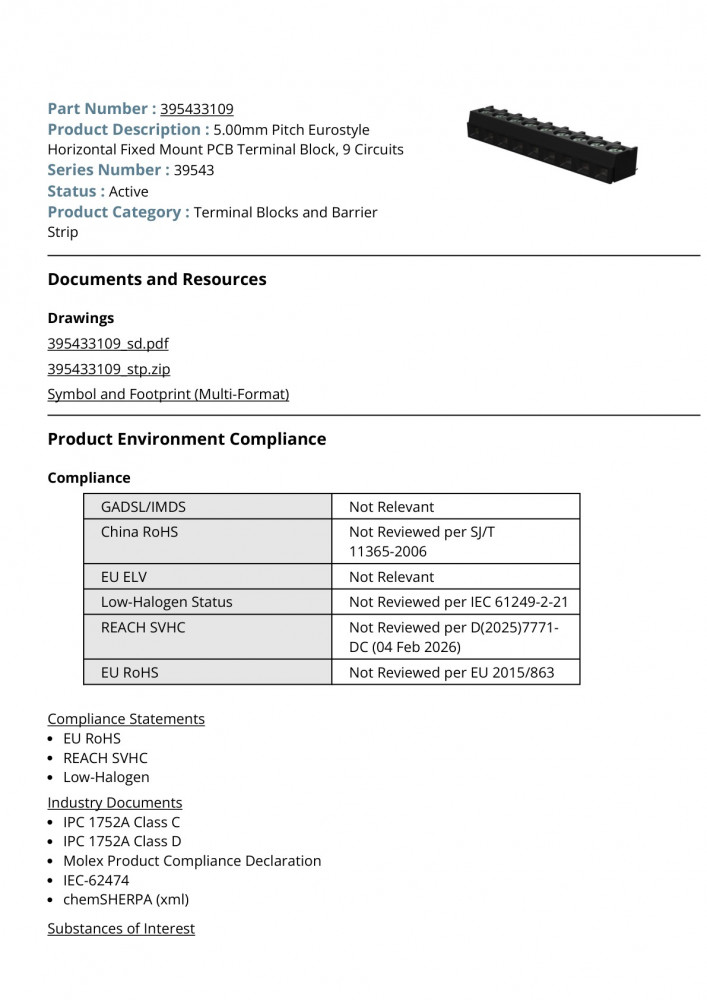 MOLEX 395433109 document image, page 1