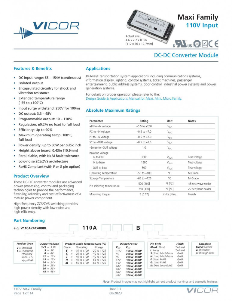 VICOR V110A5T200BG document page 1