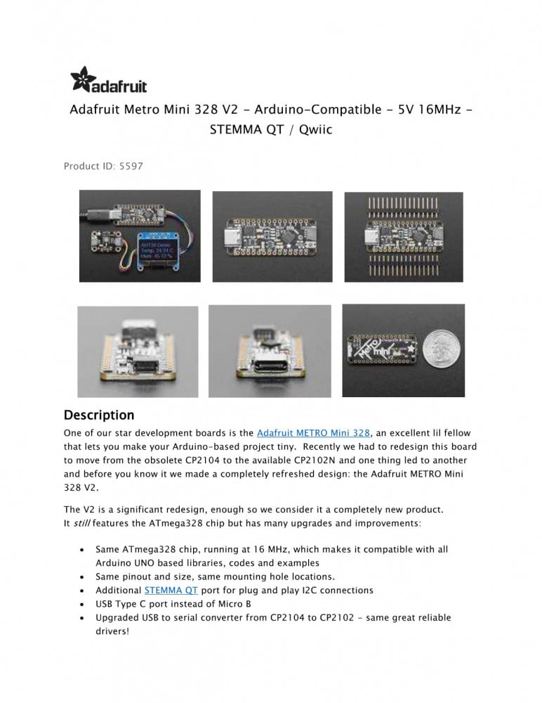 Adafruit METRO Mini 328 V2 technical document page 1