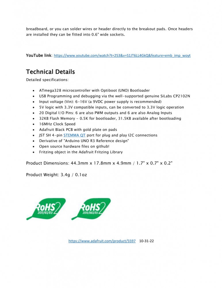 Adafruit METRO Mini 328 V2 technical document page 3