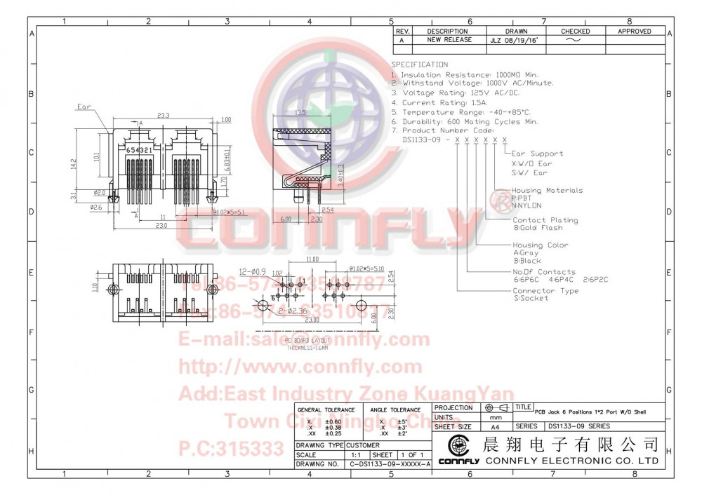 CONNFLY Elec DS1133-09-S2B8PS technical document preview