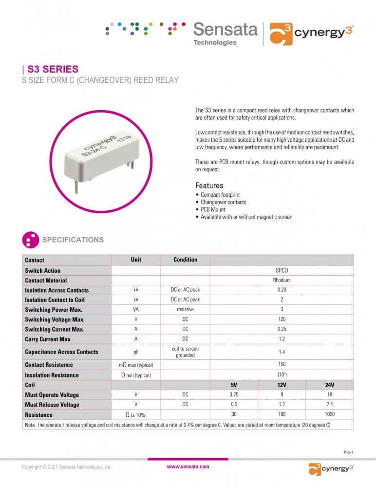 S3 series reed relay technical document page 1