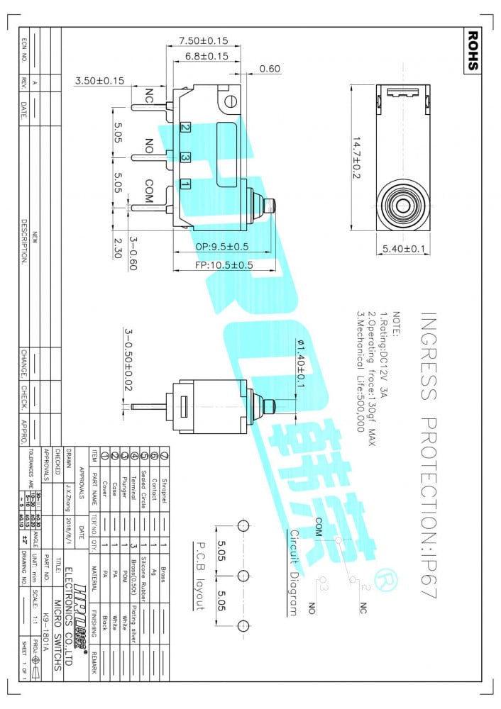 K9-1801A-1 micro switch drawing page 1
