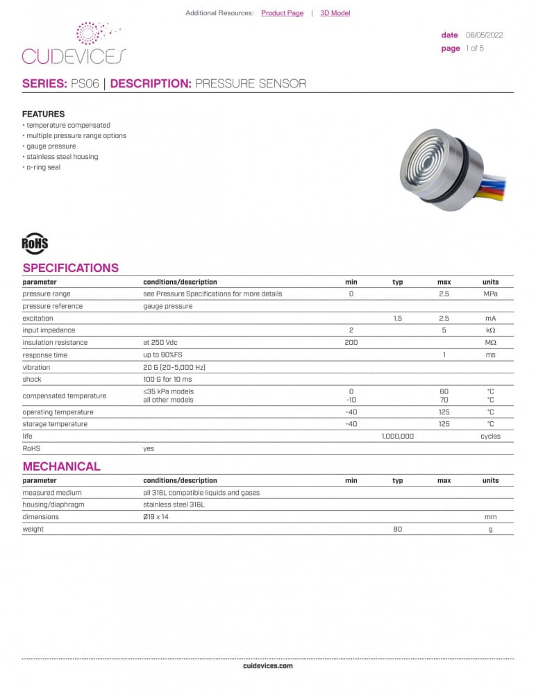 PS06 pressure sensor datasheet page 1