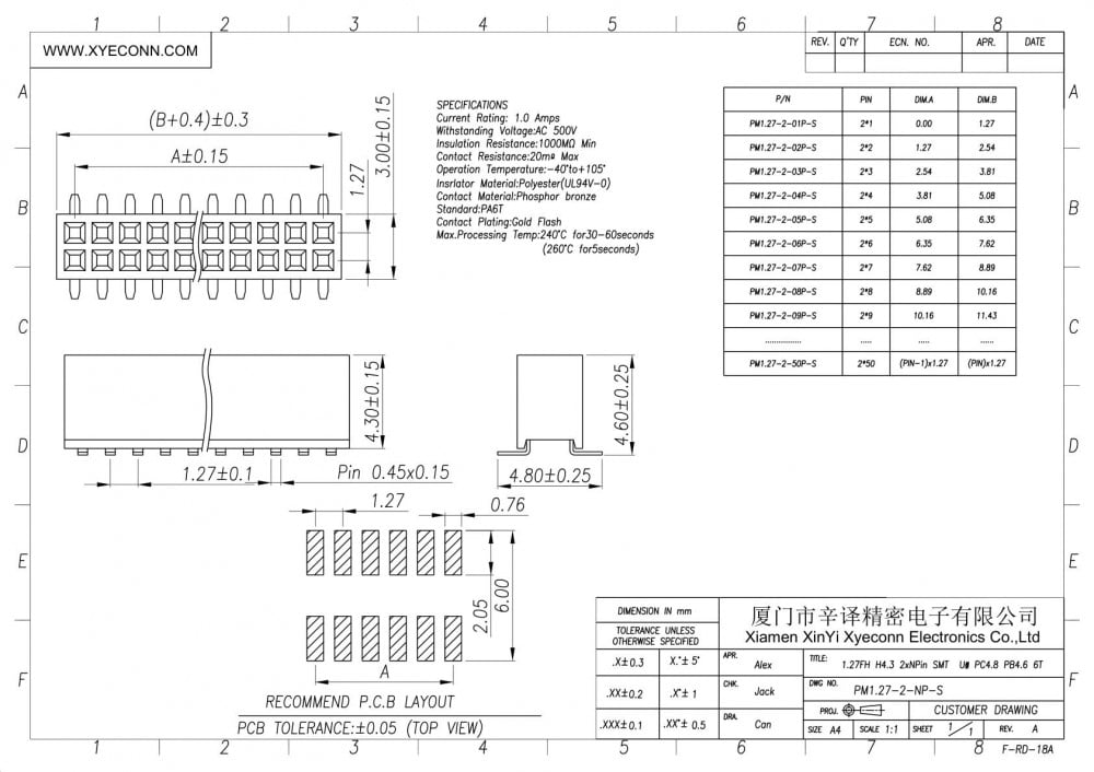 XYECONN PM1.27-2-04P-S technical drawing
