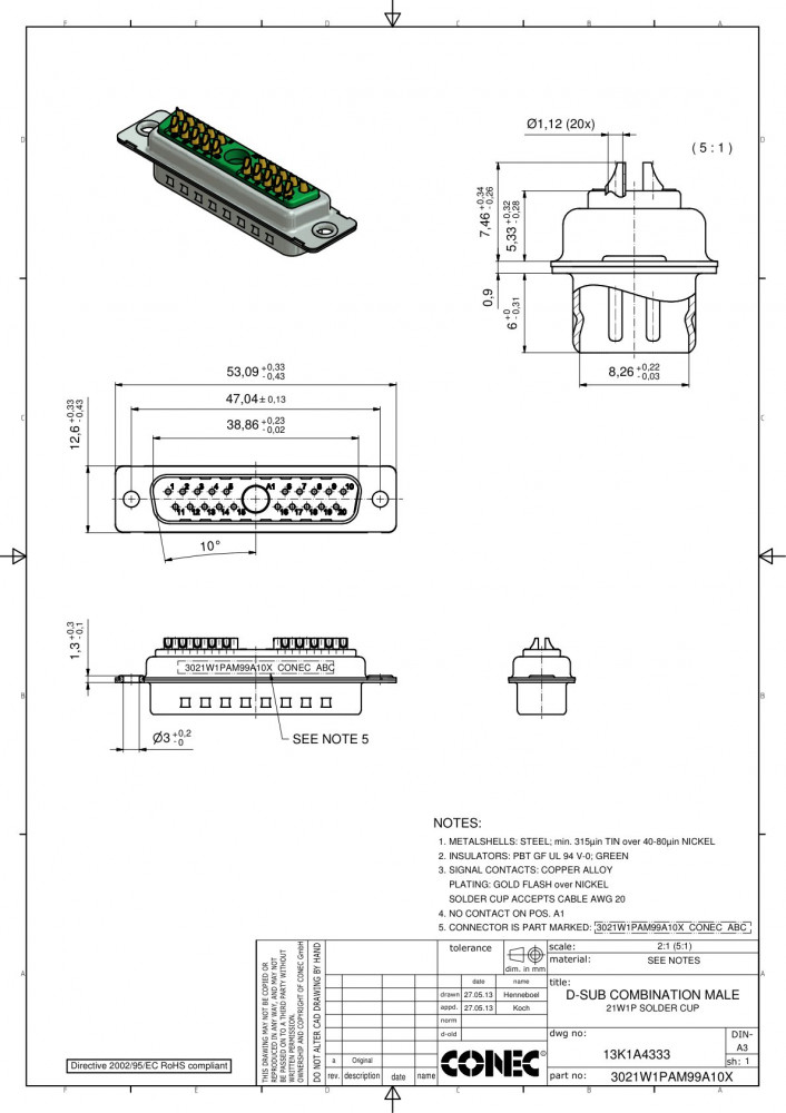 Conec 3021W1PAM99A10X product drawing preview