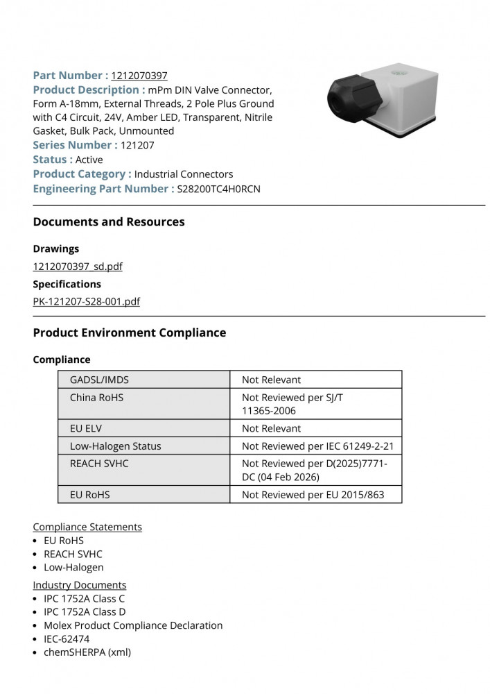Molex S28 DIN valve connector packaging specification page 1