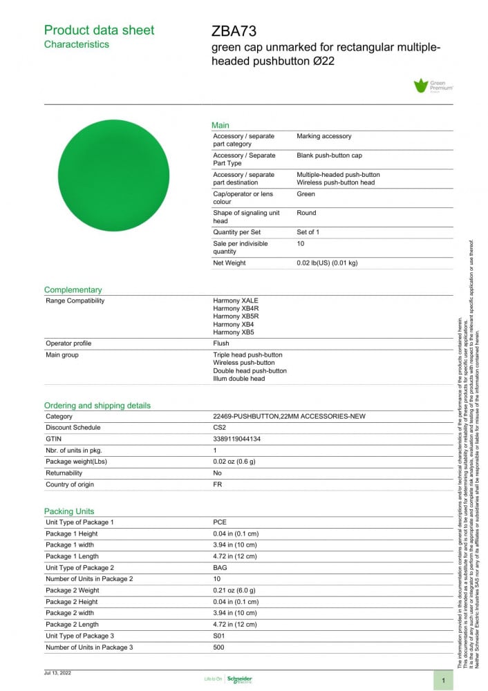 ZBA73 product documentation page 1