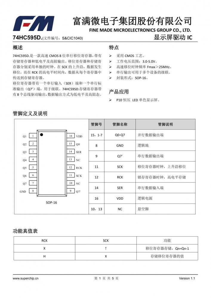 74HC595D datasheet page 1