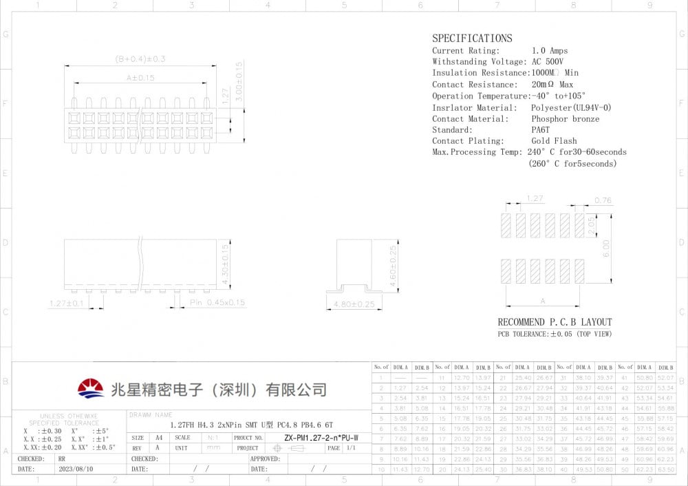 ZX-PM1.27-2-6PU-W technical drawing page