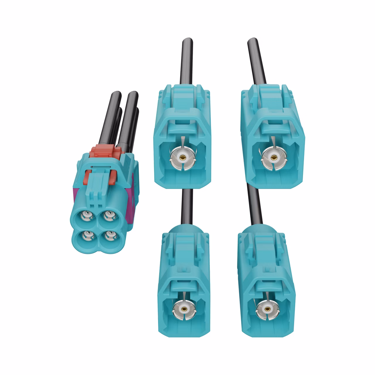 HFM Straight Quad Jack-to-4 FAKRA Straight Jack Off-the-Shelf (OTS) Cable Assembly, Key Z Water Blue, RG-174 Cable, 2000.00mm Length, 50 Ohms for sale