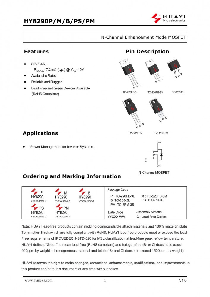 HY8290P datasheet page 1