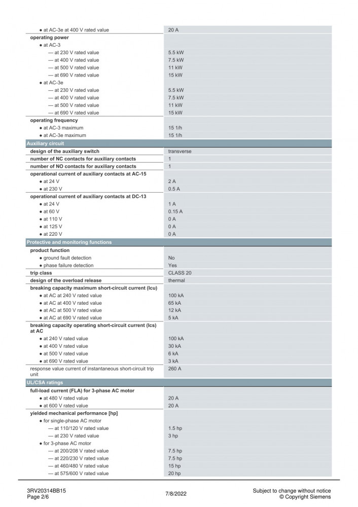 SIEMENS 3RV20314BB15 datasheet page 2