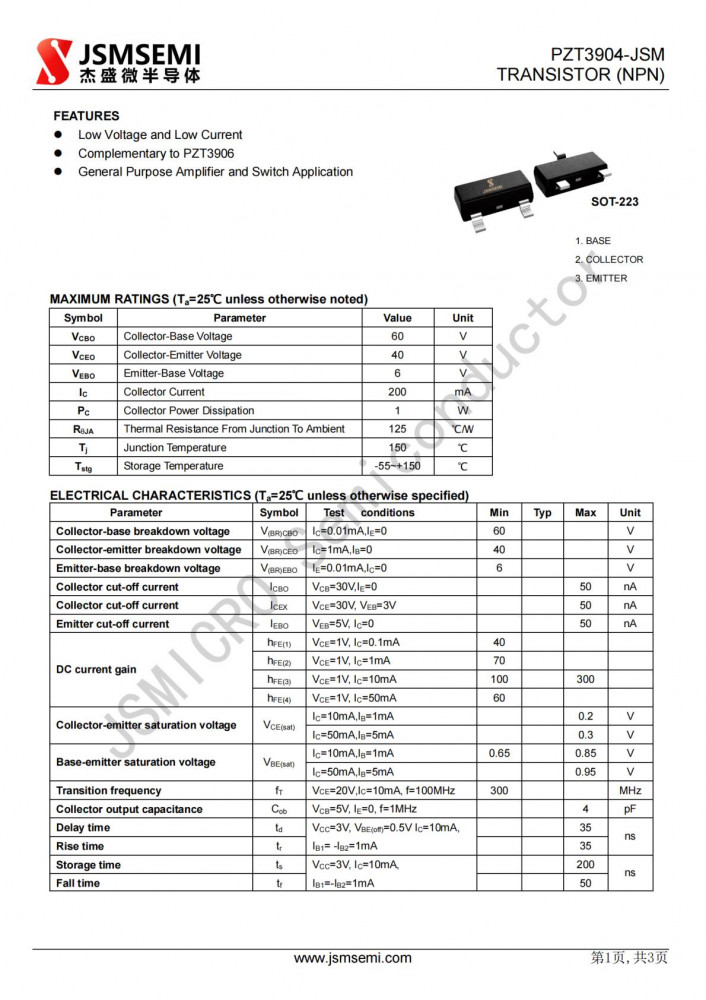 PZT3904-JSM datasheet page 1