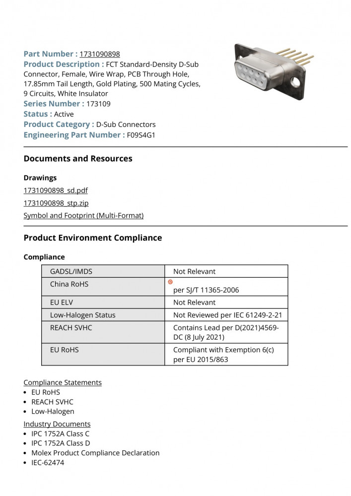 Technical document page 1 for MOLEX 1731090898