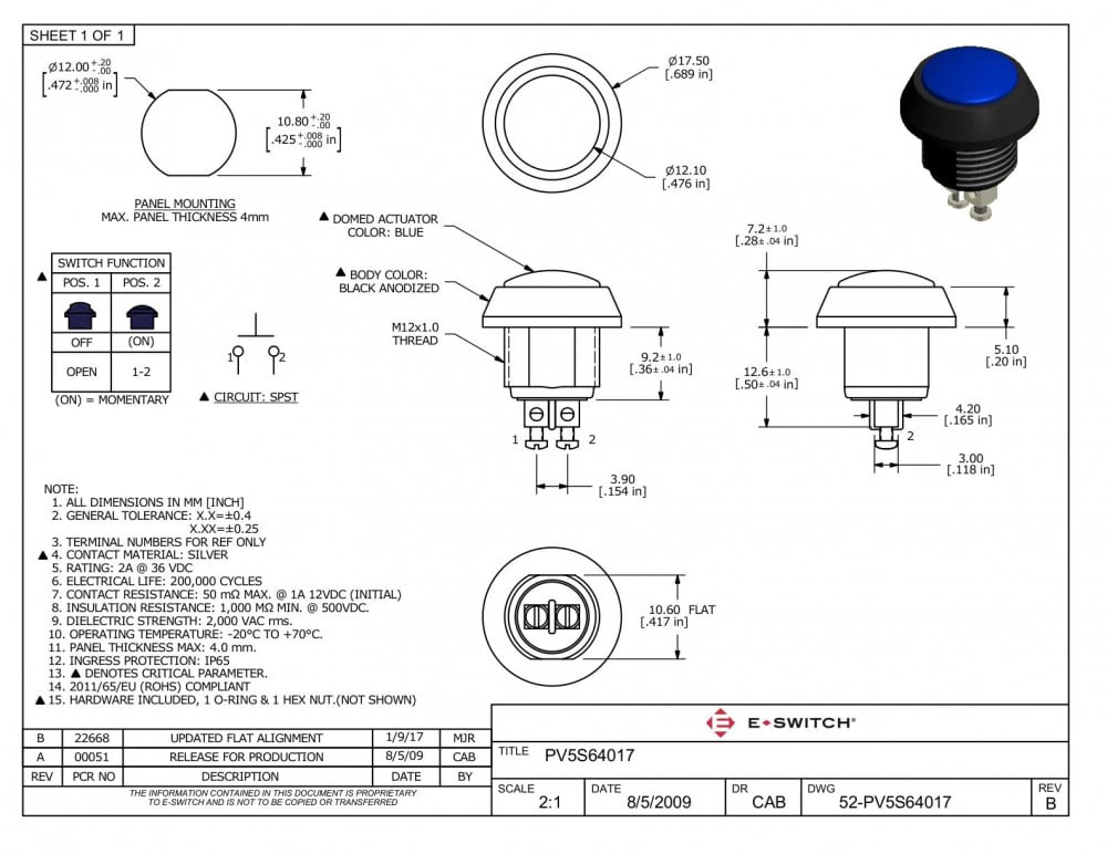 E-Switch PV5S64017 technical drawing