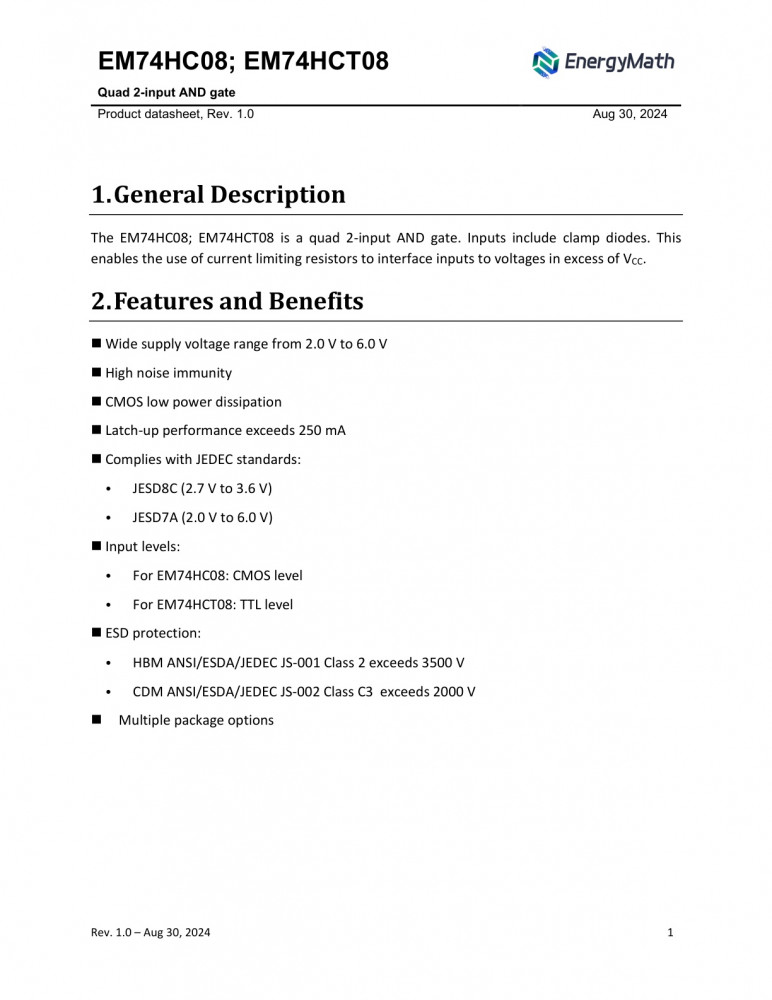 EM74HC08PW datasheet page 1