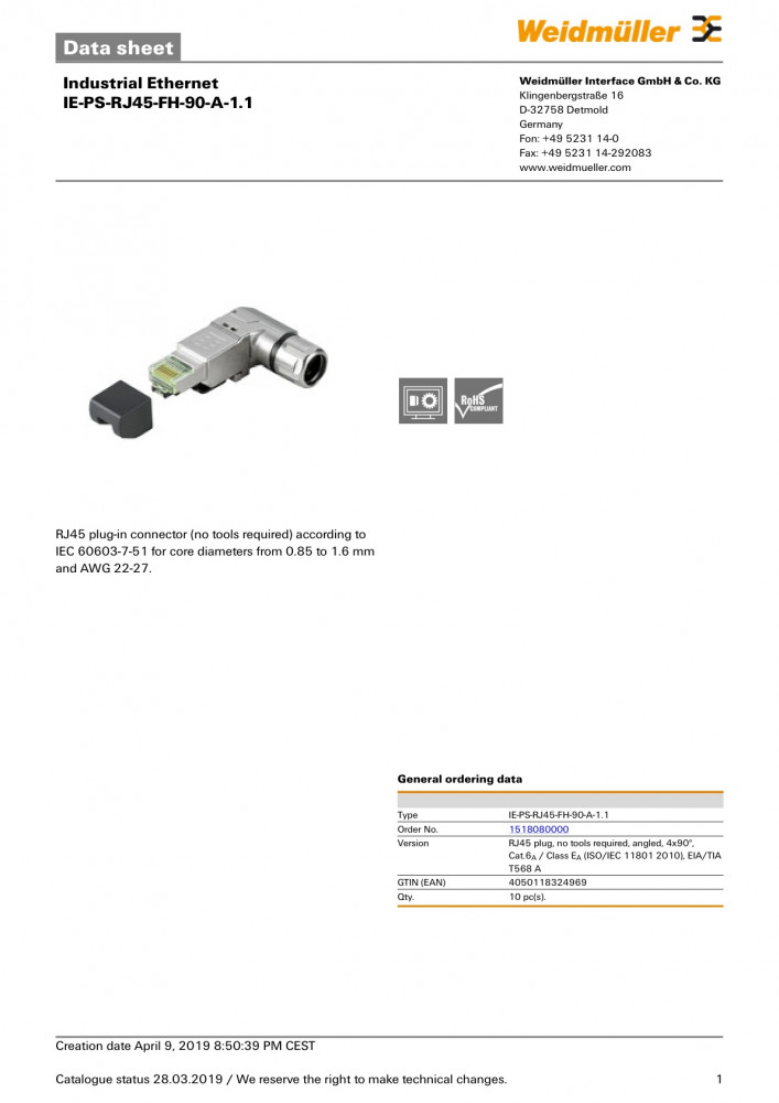 Weidmüller 1518080000 technical document page 1