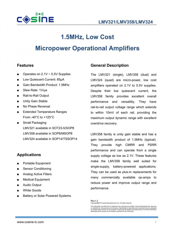 COSINE LMV358 datasheet page 1