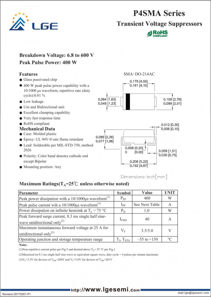 LGE P4SMA20A datasheet page 1
