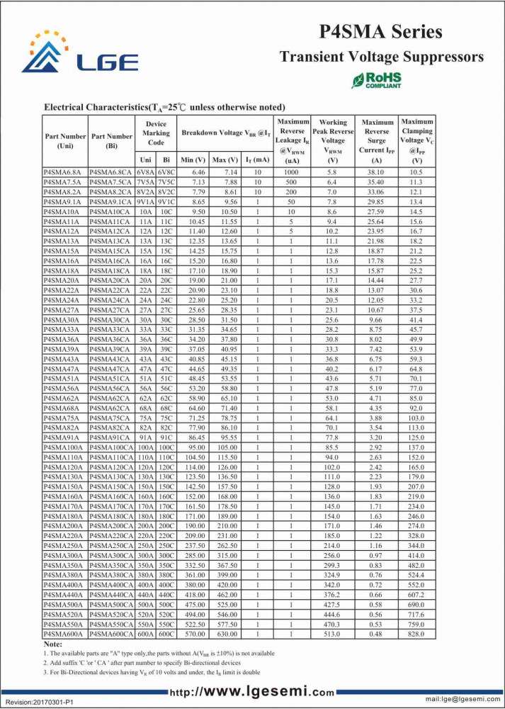 LGE P4SMA20A datasheet page 2