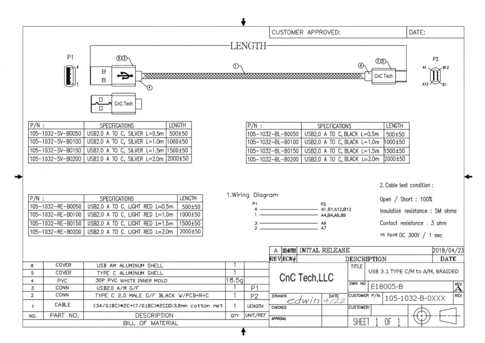 105-1032 series USB Type-A to Type-C cable drawing