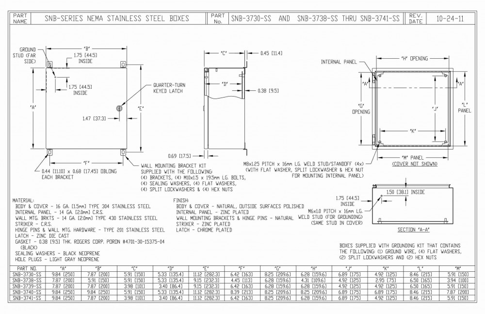 Bud Industries SNB stainless steel enclosure technical drawing reference